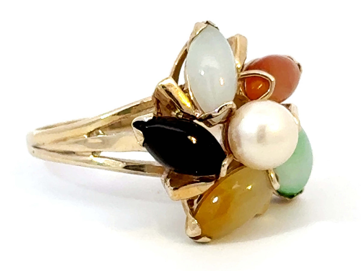 Buy Multi Colored Jade Flower & Pearl Center Ring in 14K Gold ...